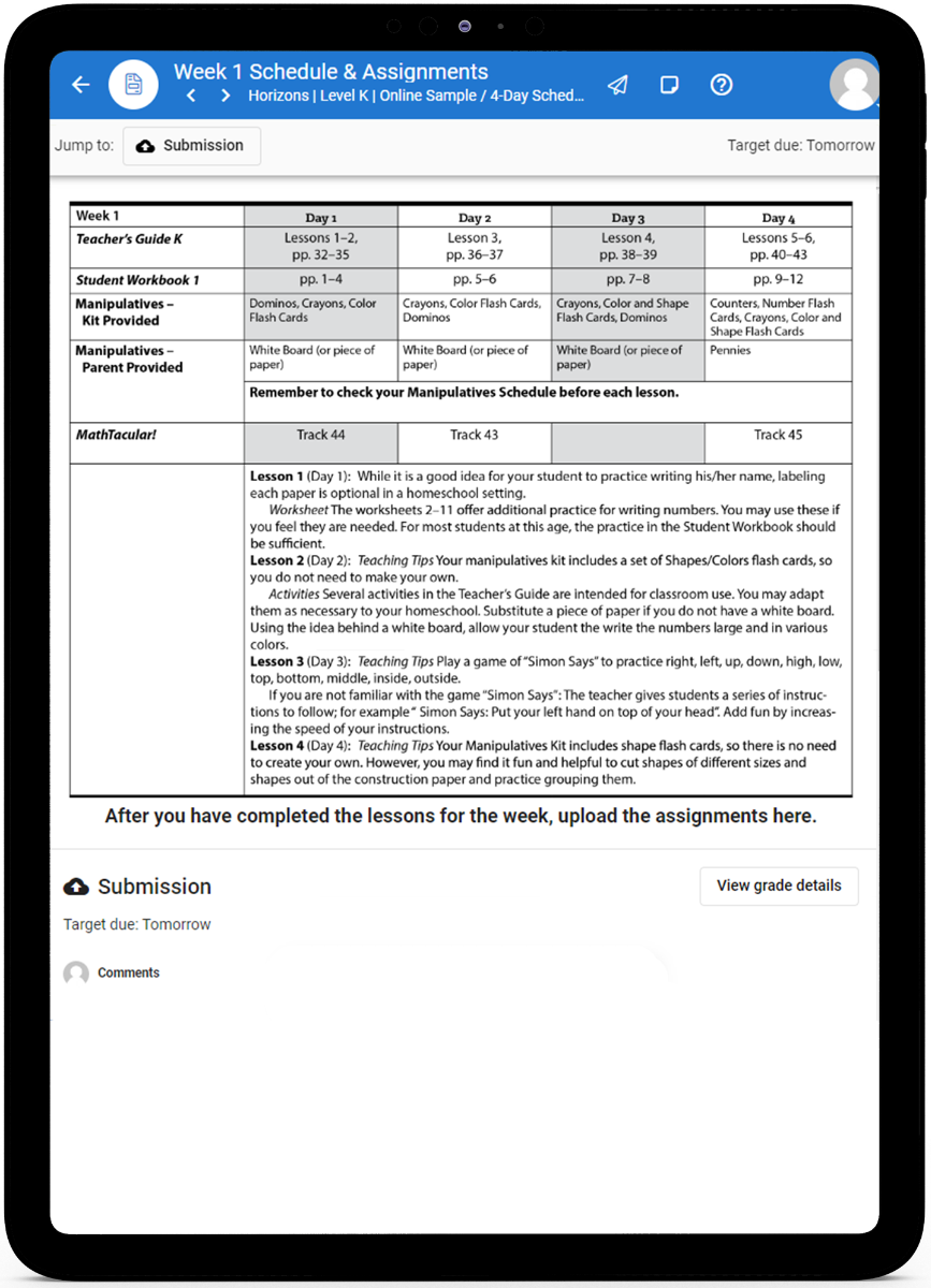 Add the Horizons Math K Online Schedule to your purchase. | Sonlight
